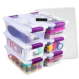 Peaknip - Sterilite 6 Quart Stackable Plastic Storage Bins with Lids and Latches (6 Pack) - Bundled with Labels and Marker
