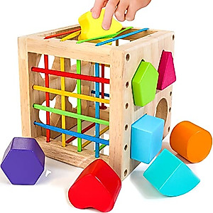 HELLOWOOD Montessori Toys for 1+ Year Old, Wooden Sorter Cube with 8pcs Rattling Shapes, Developmental Learning Toy Gifts for Baby Girls Boys 6-12-18 Months, Gift Packaging