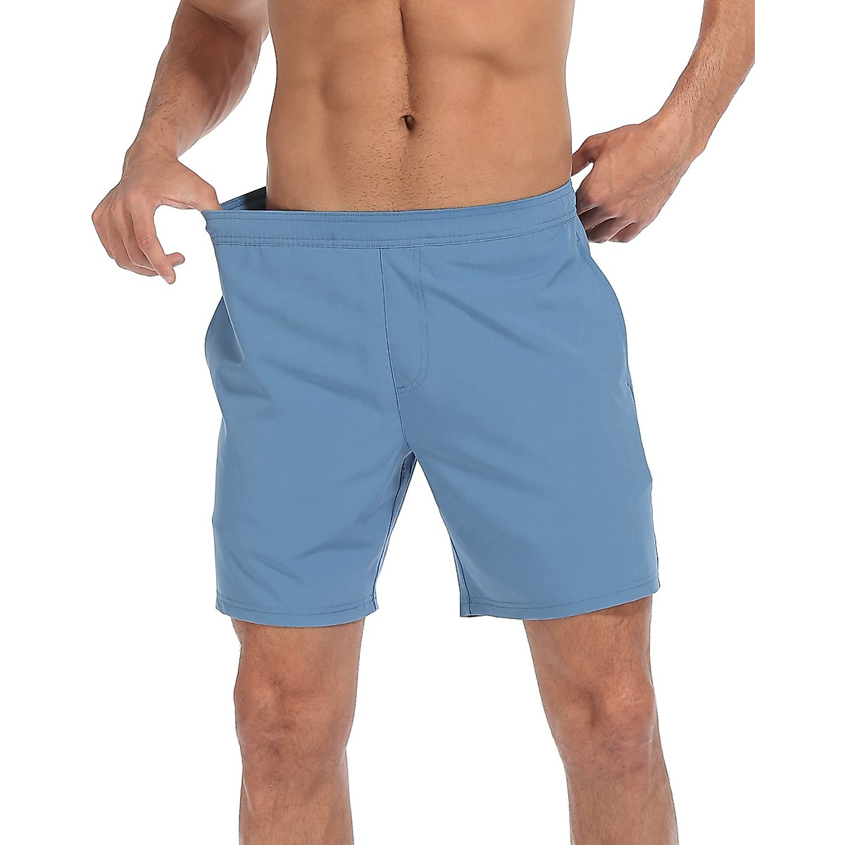 LRD Mens Athletic Workout Shorts with Compression Liner 7 inch Inseam Blue/Pink Surfer Dino - L