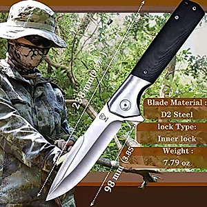 Amris D2 Steel Folding Knife, V20 Inner Lock Bearing Pocket Knife, Hunting Knife, Outdoor Military Tactical Knife, Camping Mountaineering Hunting Survival Knife, Hunting Knife, Bush Knife, Gift for Men