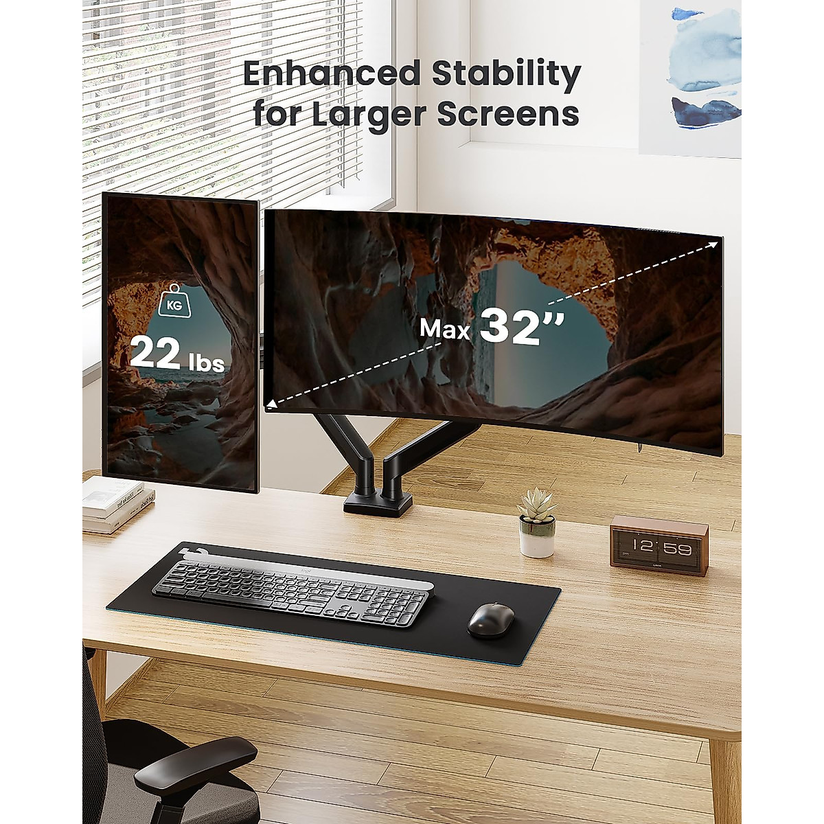 ErGear Dual Monitor Stand up to 32 inches Screen, Load-Bearing Max 22 lbs Each Arm, Adjustable Dual Monitor Mount, Sturdy Steel vesa Monitor Mount with Stable VESA 75x75 100x100mm