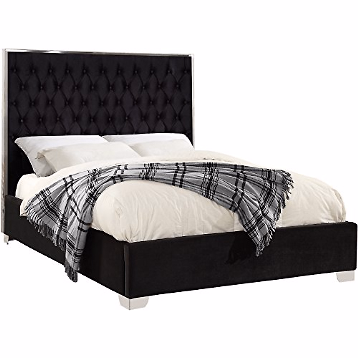 Meridian Furniture Lexi Collection Modern | Contemporary Velvet Upholstered Bed with Deep Tufting, Polished Chrome Stainless Steel Frame and Legs, Queen, Black