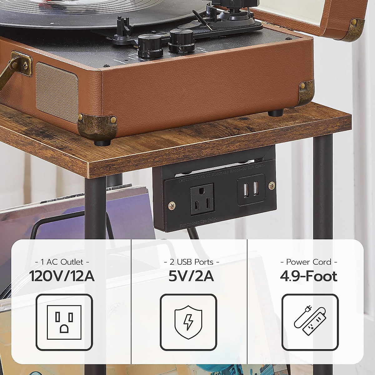 HOOBRO Record Player Stand with Charging Station, 2 Tier Record Player Table with Storage Up to 80-100 Albums, Turntable Stand with Record Holder, for Vinyls Media Stereo, Rustic Brown BF01URS01