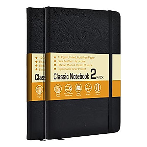 LYTek Faux Leather Lined Journal Notebooks with 120 GSM, Hardcover Executive Notebook, 5.25 x 8.25 inches for Writing - Date Marked, Inner Pocket, Ribbon Mark & Elastic Closure (Black, Pack of 2)