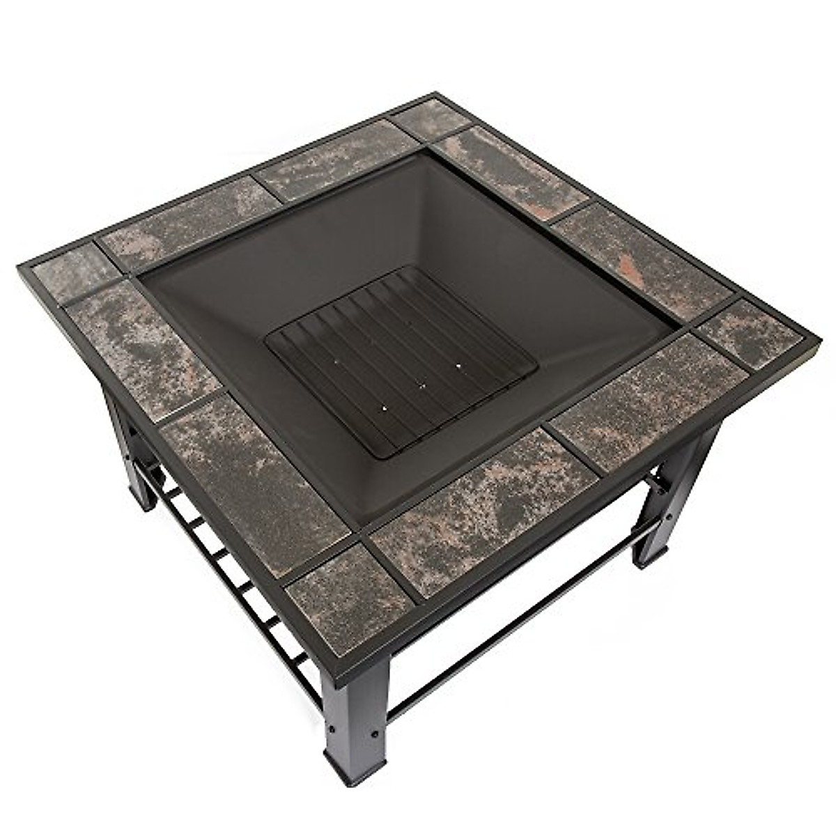 Fire Pit Set, Wood Burning Pit - Includes Screen, Cover and Log Poker - Great for Outdoor and Patio, 30 inch Square Marble Tile Firepit by Pure Garden, Black