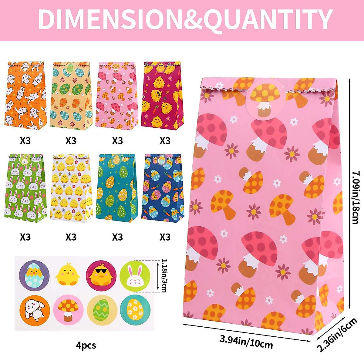 LOKIPA Easter Paper Candy Bags, 24PCS Easter Goody Paper Bags with 4PCS Stickers for Easter Party Favors