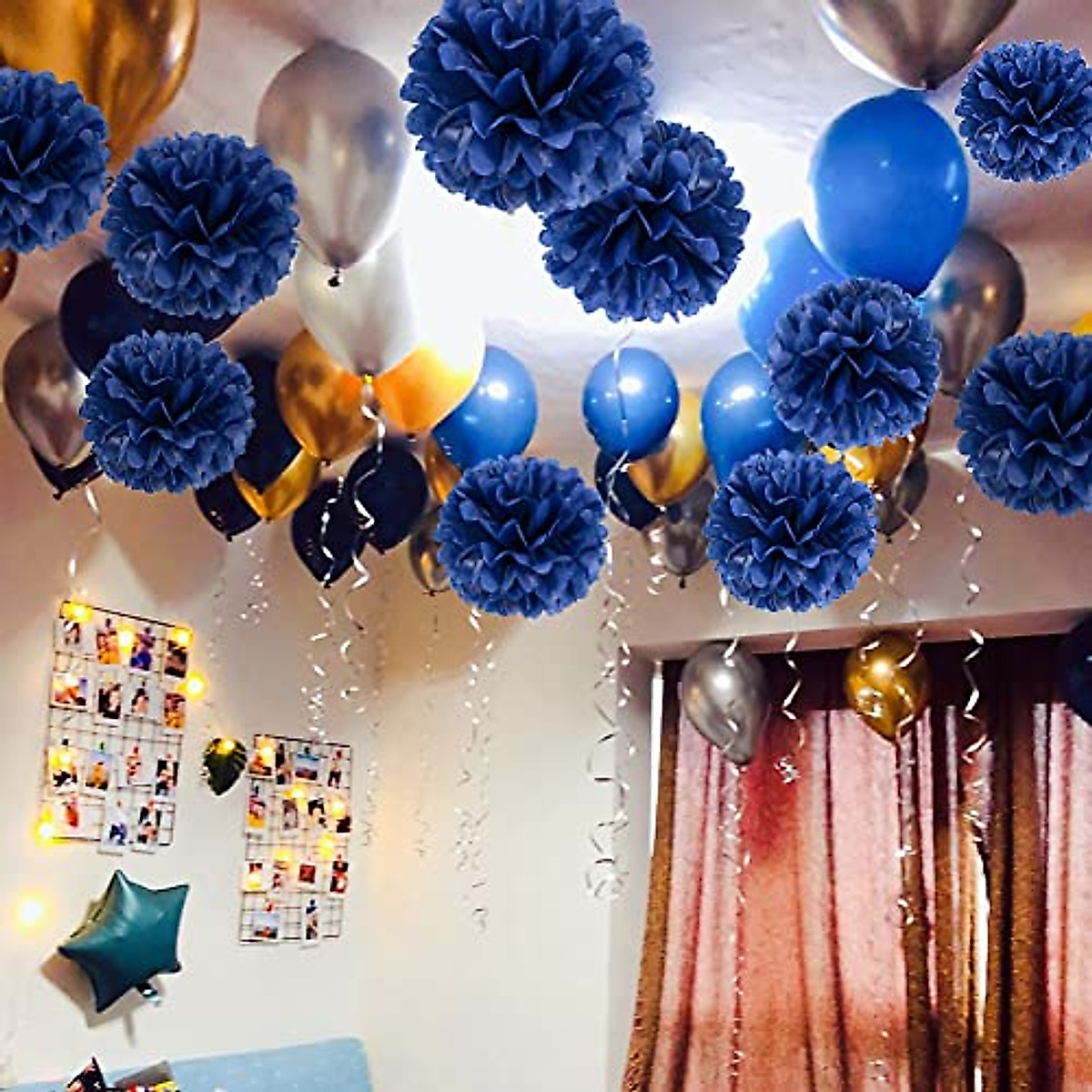 10 Pcs Paper Pom Poms Flowers for Wedding, Birthday Party, Baby Shower, Nursery Decor, Bachelorette Party Hanging Decor, Easy Joy (10 inch, Navy Blue)