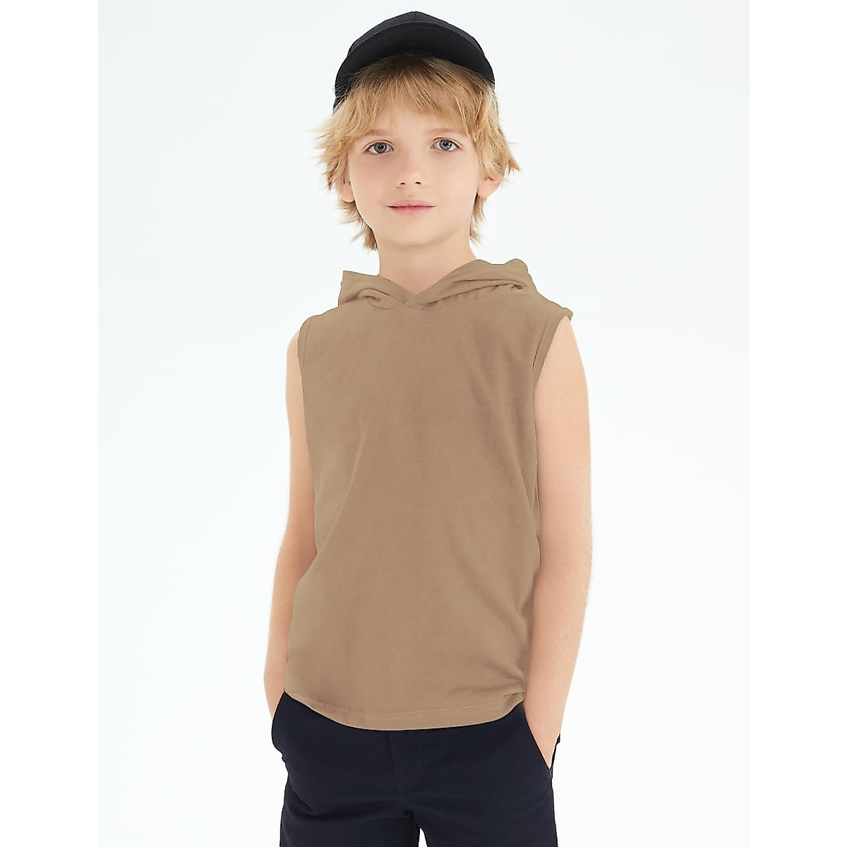 Spring&Gege Boys Hooded Tank Top Solid Basic Sleeveless Pullover Hoodie Uniform Workout Comfy T-Shirt, Khaki, 9-10 Years
