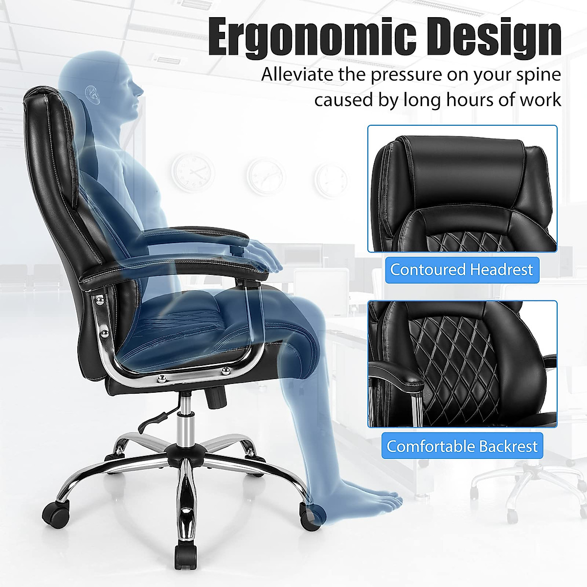 Giantex 500LBS Big and Tall Office Chair, Wide Seat Large Leather Executive Chair w/Heavy Duty Metal Base, Height Adjustable Swivel Computer Task Desk Chair, Padded Armrest, Rocking Backrest (Black)