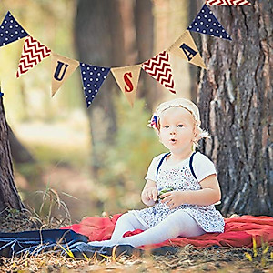 Adurself USA Triangle Flag Burlap Banner 4th of July American Stars and Chevron Triangle Pennant Garland Patriotic Fourth of July Independence Day Decoration Garden Mantel Fireplace Bunting Sign