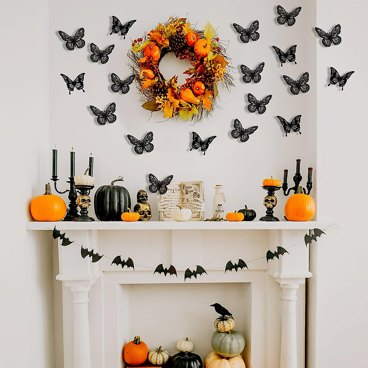 Halloween Black Butterfly Decorations Wall Decor,48Pcs 2 Styles 3 Sizes Butterflies Stickers for Cake Cupcake Toppers, 3D Paper Butterfly Decals for Birthday Goth Party Bathroom