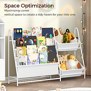 MAHANCRIS Kids Bookshelf and Toy Organizer, 4-Tier Toddler Bookshelf with 2 Toy Storage Bins, Nursery Book Shelves for Classroom, Kids Room, Library, Bedroom, Living Room, White BKBW7501