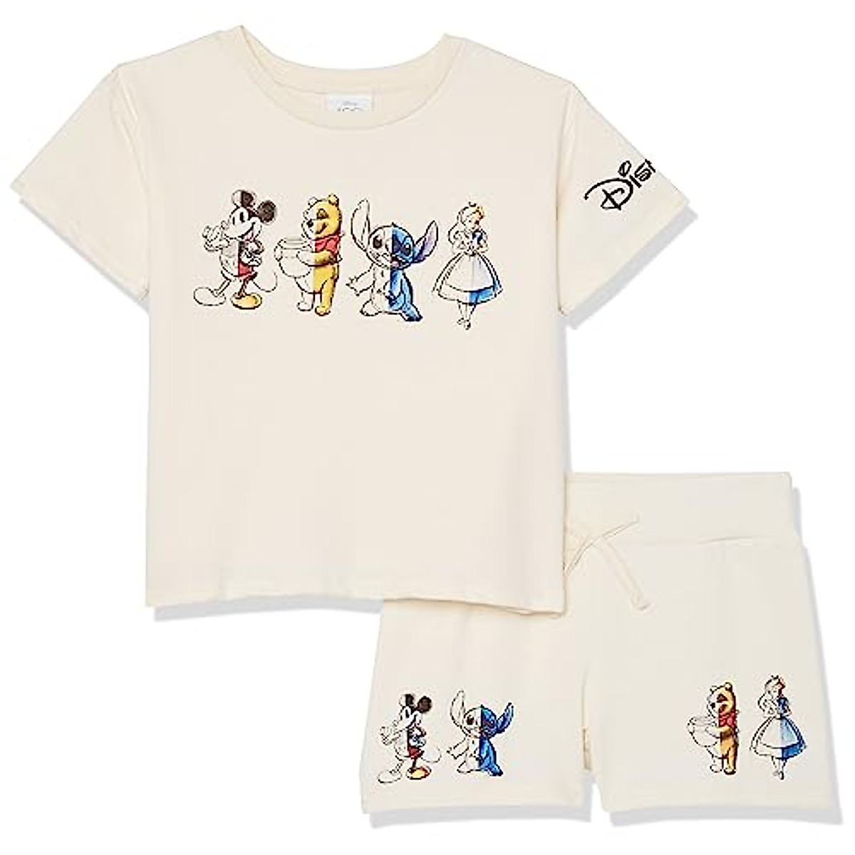 Disney Girls D100 Character French Terry - Mickey, Stitch, Winnie The Pooh, Alice Tee & Short Set, Ivory, 3T US