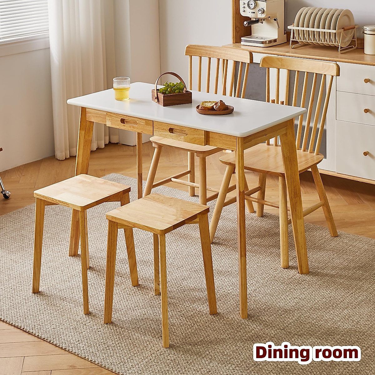 Aibiju Small Computer Desk Table, Wood Writing Desk with Drawer and Hanging Rod, 39x20x30inch Study Desk, Work Desk, Wooden Dining Table White + Natural Wood Legs YD-WD01WN