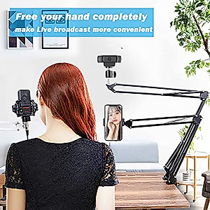 Overhead Video Mount Articulating Arm,Cell Phone Holder, Webcam Stand Lazy Desk Arm Clamp Desktop Suspension Scissor Accessory for Flat Photography Videography Recording Livestream（Black）