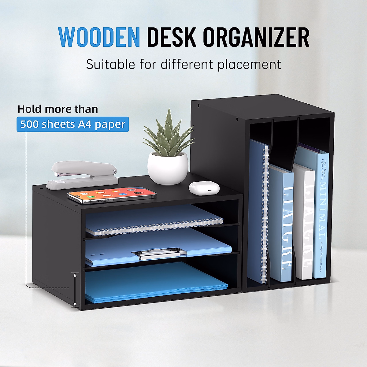 SHARKWOODS 3-Tier Paper Organizer for Desk, Wood Desktop Organizer with Adjustable Letter Tray, Mail Sorter for Office School & Home, Black