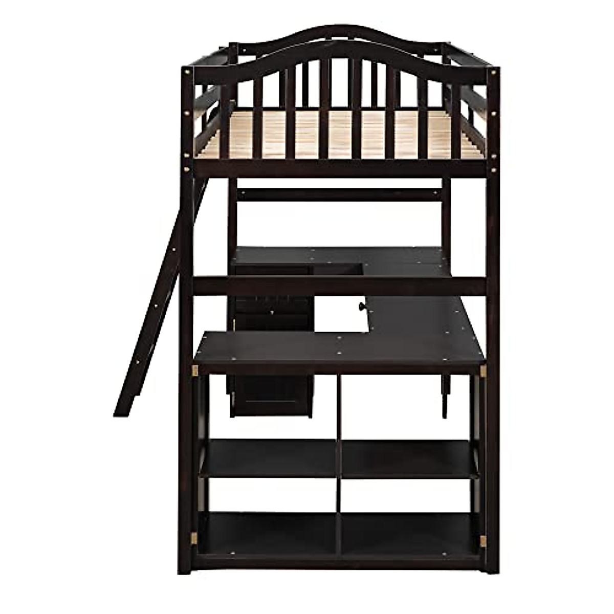 Lepfun Twin Size Wooden Loft Bed with Desk/2 Drawers/Cabinet/4 Shelves, Multi-Functional Loft Bed with Ladder and Guardrails, No Box Spring Required, Wood Bed Frame for Bedroom,Apartment, Espresso
