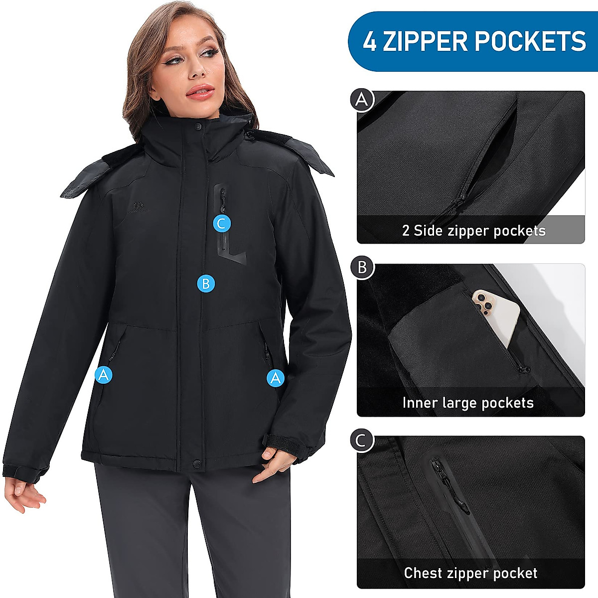 GOLDEN CAMEL Women's Winter Jacket Windproof Ski Snow Jacket Waterproof Thicken Parka Rain Jacket Warm Puffer Coat