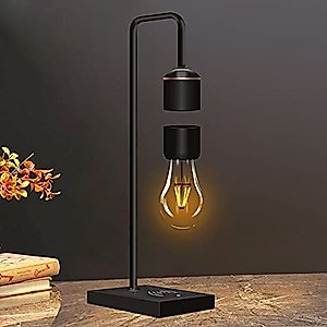 MODIRNATION Unique Modern Levitating Lamp with Floating Light Bulb and Built-in Qi Wireless Charger, Simplistic and Innovative Design, Warm Decorative Night Light (Black)
