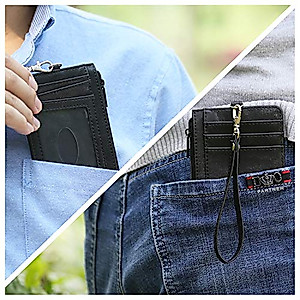 Teskyer Minimalist Wallet, Slim Wallet with Neck Lanyard and Wrist Strap, Credit Card Holder Wallet, RFID Blocking Front Pocket Wallet for Men Women, Black