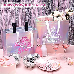 ICoDeesse 8 Pcs Let’s Go Girls Bachelorette Iridescent Tote Bags Reusable Holographic Bridesmaid Gift Bag With White Handles Retro Disco Cowgirl Party Accessories Western Cowgirl Theme Party Favors