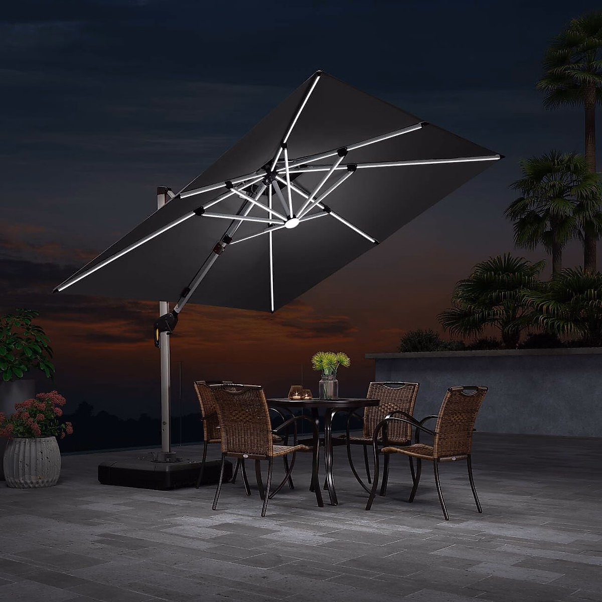 PURPLE LEAF 9 Feet Double Top Deluxe Solar Powered LED Square Patio Umbrella Offset Hanging Umbrella Outdoor Market Umbrella Garden Umbrella, Grey