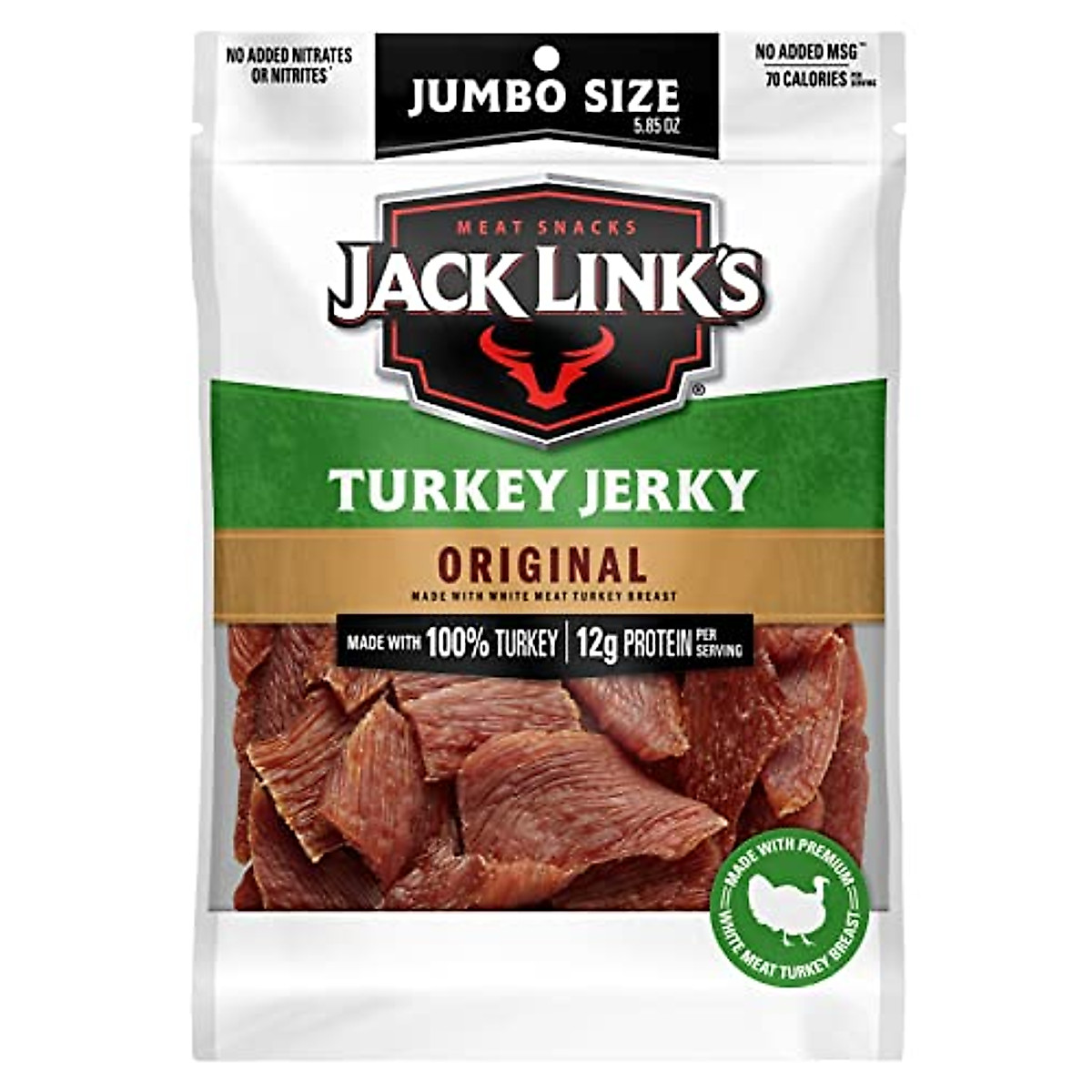 Jack Link's Turkey Jerky, Original, 5.85 oz. Sharing Size Bag – Flavorful Meat Snack with 12g of Protein, 80 Calories, Made with 100% Turkey - 96% Fat Free, No Added MSG or Nitrates/Nitrites