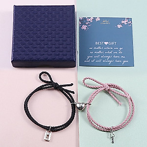 liforlove Heart Bracelet for Women Mutual Attraction Couple Bracelets Distance Relationship Her Rubber Rope Bracelet (black & pink, key lock pendant)