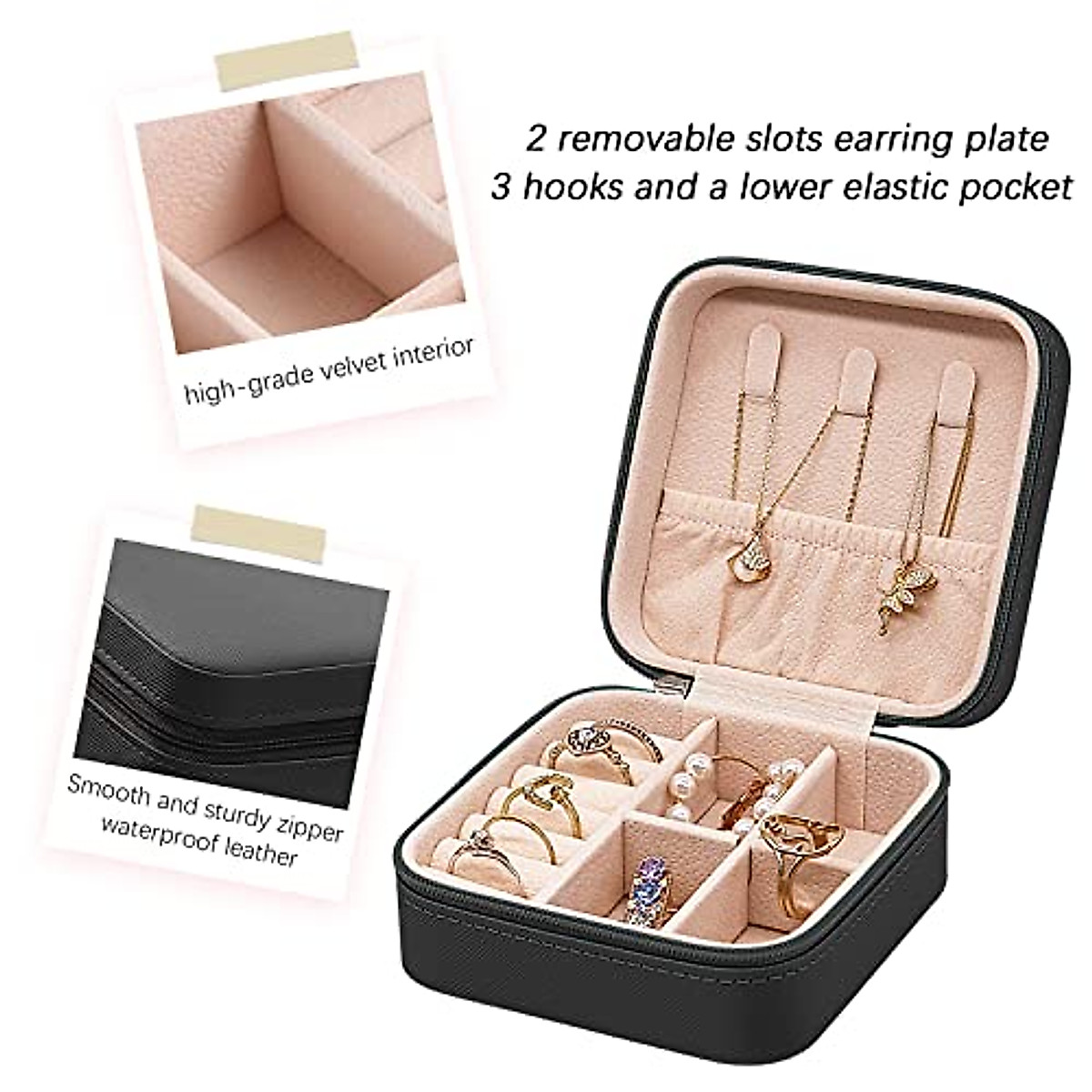 Soddeph Travel Jewelry Box, Mini Portable Organizer Travel Case with Zipper, Faux PU Leather Small Storage Boxes for Rings, Earrings, Necklaces, Bracelets, Gift for Women Girls (Square-Black)
