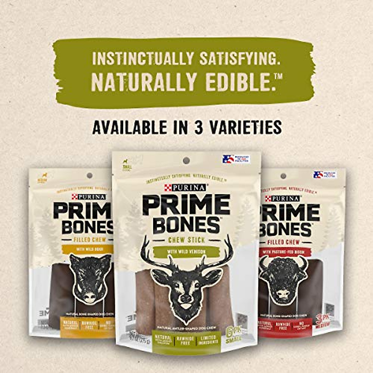Purina Prime Bones Made in USA Facilities Limited Ingredient Small Dog Treats, Chew Stick with Wild Venison - 6 ct. Pouch