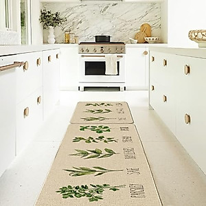 Artoid Mode Parsley Sage Oregano Basil Bay Leaves Decorative Kitchen Mats Set of 2, Seasonal Holiday Party Low-Profile Floor Mat for Home Kitchen - 17x29 and 17x47 Inch