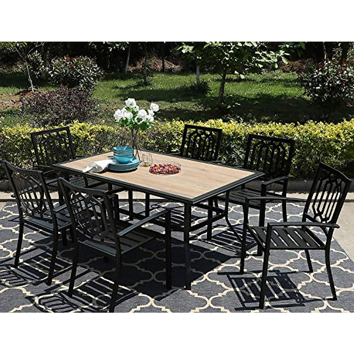 Sophia & William Patio Dining Set 7 Pieces Metal Outdoor Furniture Set, 6 x Metal Stackable Garden Chairs, 1 Patio Rectangle Umbrella Table Wood Like for Backyard Pool