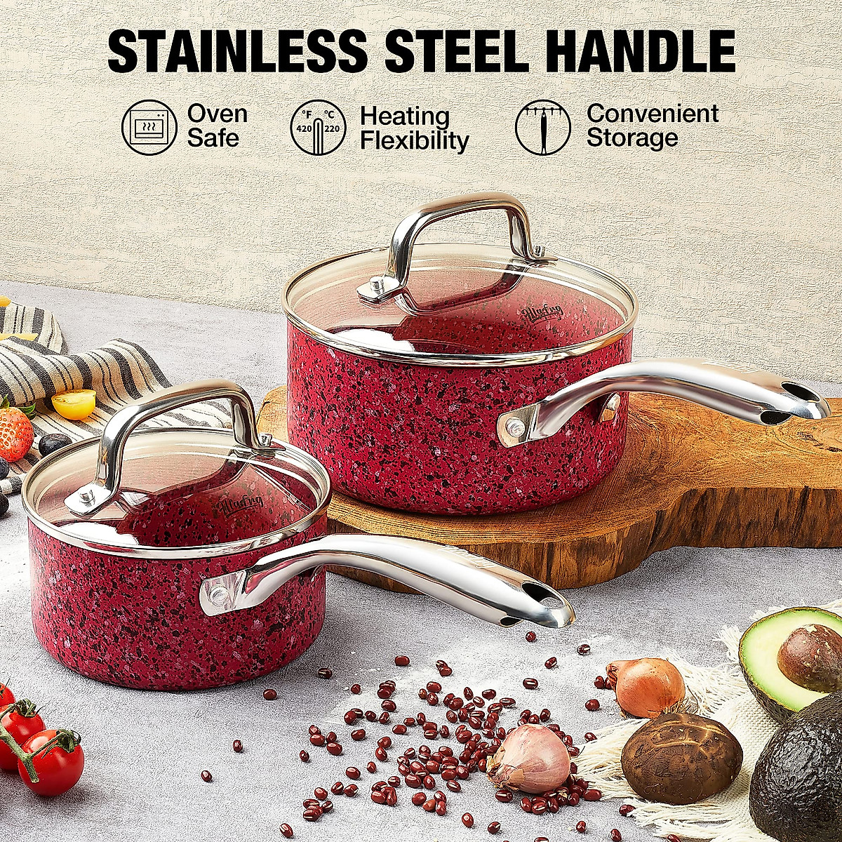 HLFRG Saucepan Set with Lid, Nonstick 2Qt & 3Qt Sauce Pan Set with Lid, Small Pot with Lid, Natural Granite Nonstick Saucepan Set, Small Sauce Pots, Red Pot Set - 2Qt & 3Qt