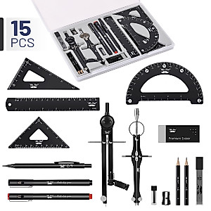 Mr. Pen- Professional Geometry Set, 15pcs, Black Geometry Kit for Artists and Students, Geometry Set, Metal Rulers and Compasses, Drawing Tools, Drafting Supplies, Drafting Set, Drafting Tools and Kit