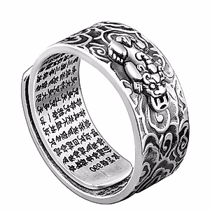 Renning Feng Shui Rings for Men Women Wealth Lucky Amulet Ring Open Adjustable Ring Sterling Silver Ring (Pixiu)
