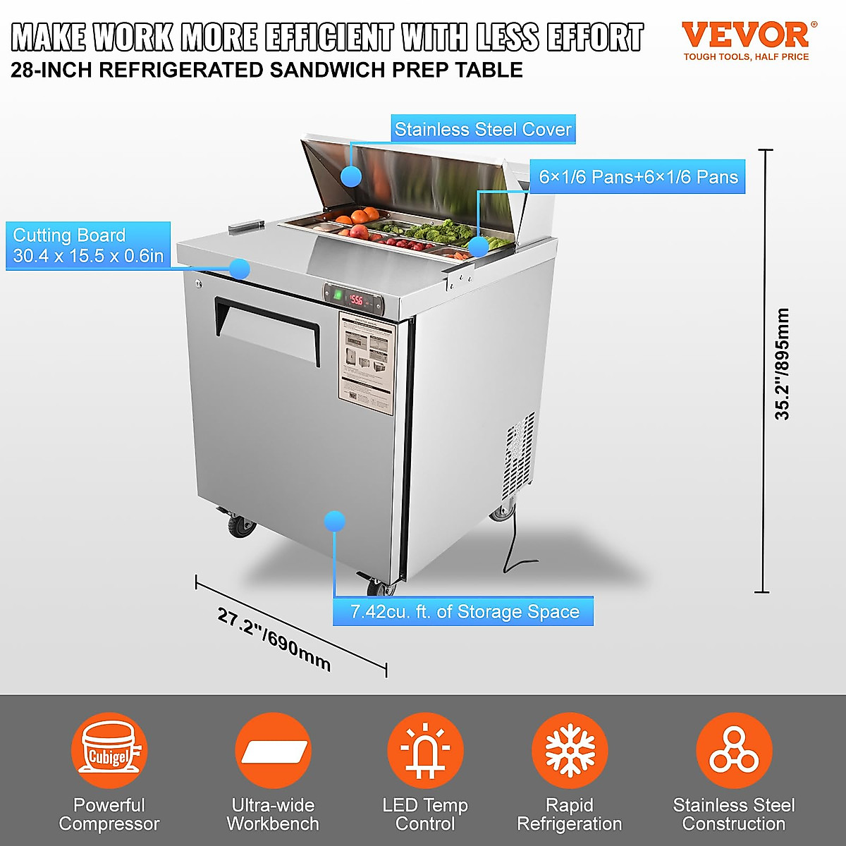 VEVOR Commercial 7.42 Cu. Ft Sandwich/Salad Table Stainless Steel Food Prep Station Fridge with 8 Pan, for Restaurant, Bar, Shop, 28" W Refrigerator Single Door, Silver