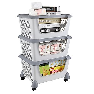 Neadas 3 Tier Stackable Storage Baskets with Wheels, Rolling Stackable Basket, Gray