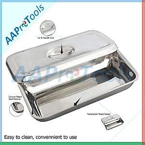 AAProTools Stainless Steel Instrument Tray Lab Instrument Dental Tool Organizer Holder with Lid and Handle Grip Size 8"x4"x2" DN-2227