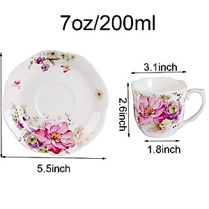 GuangYang GY 12 PCS Tea Set - 7oz New Bone China tea Cups and Saucers with Pink Flower Pattern Porcelain Cups for Mocha Cappuccino Tea and coffee