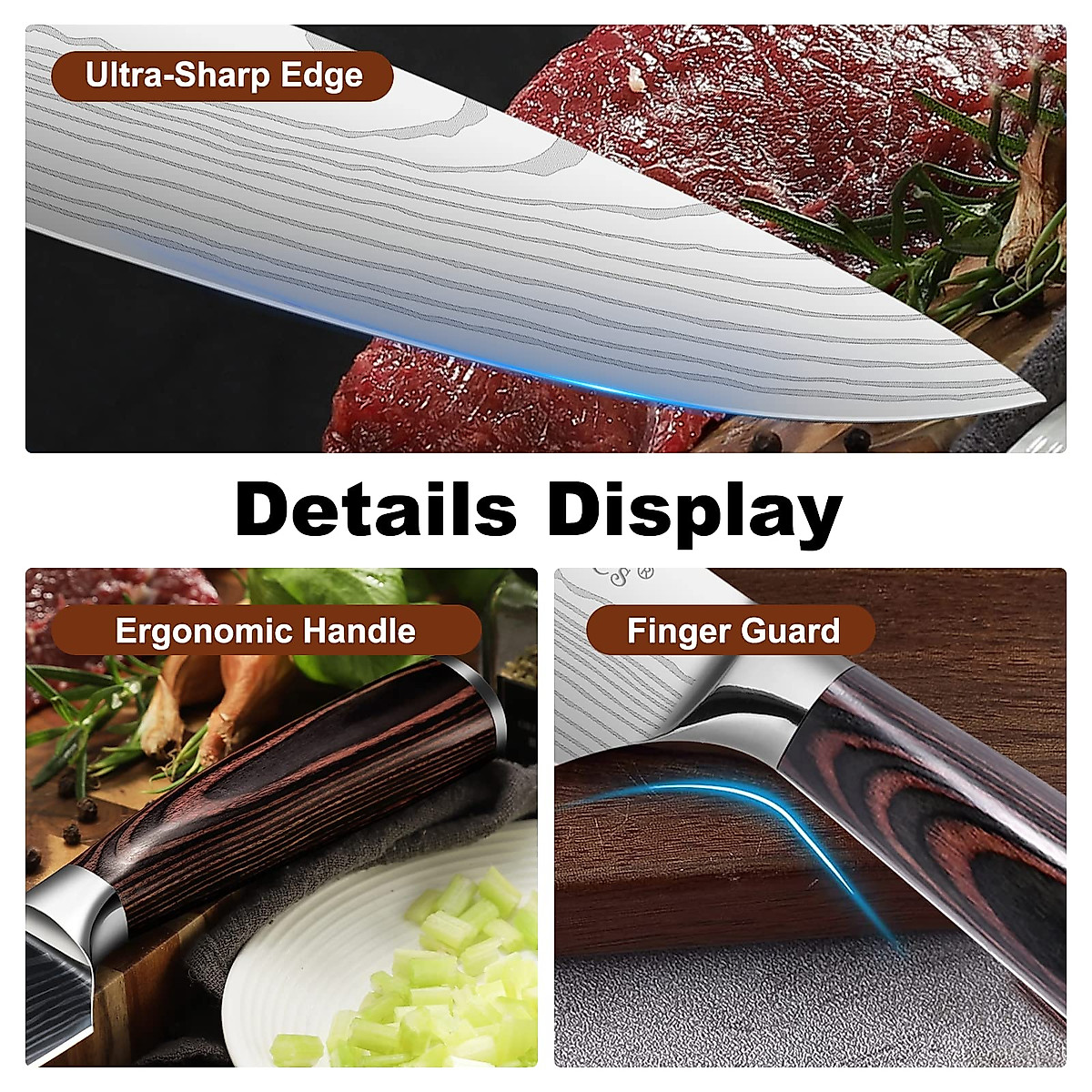 Lirches Kitchen Chef Knife Sets - 5PCS Chef Knife Set, Professional Japanese Ultra Sharp 4CR13 Stainless Steel Knives, 3.5-8 Inch Cooking Knife Set with Damascus Pattern