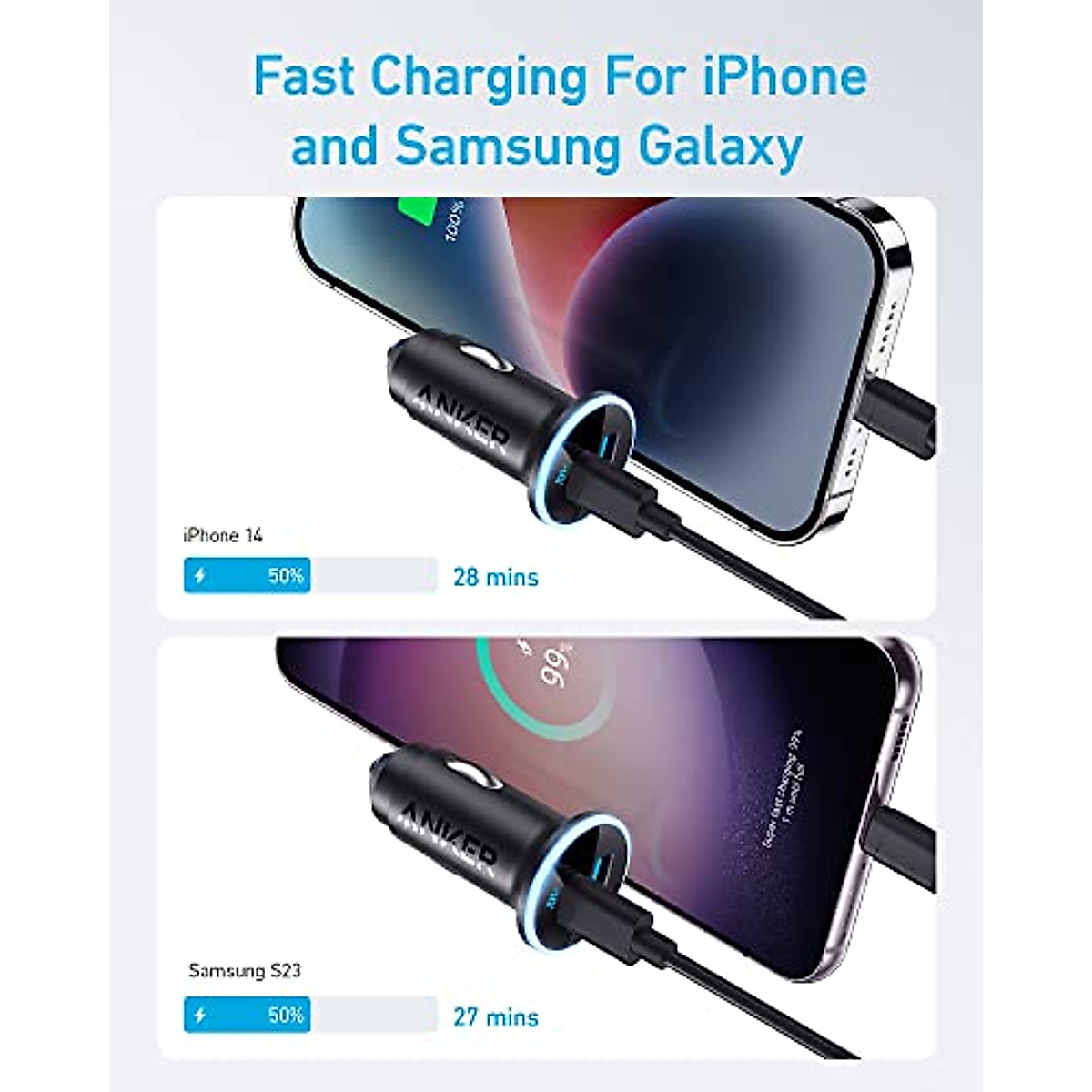 USB C Car Charger Adapter, Anker 52.5W Cigarette Lighter USB Charger, 323 Anker Car Charger with 30W PowerIQ 3.0 Fast Charging Cable for iPhone 15/15 Pro Max, 14/13/12 Series, Galaxy S23/22, Pixel