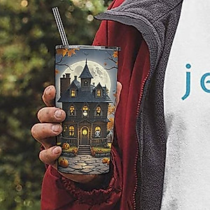 FHENMSA Stainless Steel Insulated Travel Coffee Mug,Moon Castle Print Reusable Car Cup,Thermal Cup for Outdoor with Straw And Lid