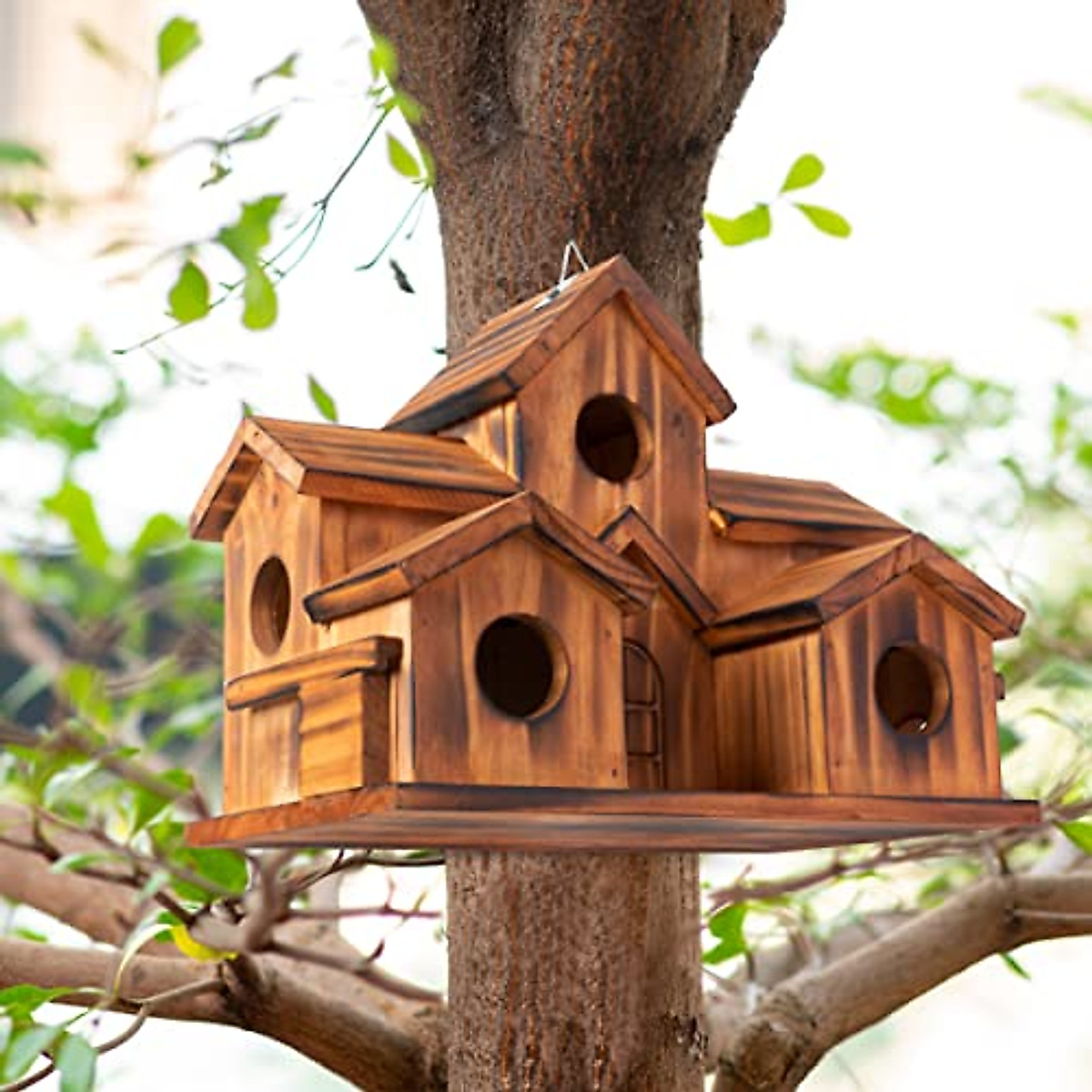 COLEBA Bird Houses for Outside,Outdoor 5 Hole Bird House Room for 5 Bird Families Bluebird Finch Cardinals Hanging Birdhouse for Garden (Brown - Set of 1)