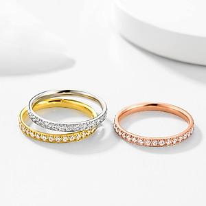 KAZITSAN 2mm Stainless Steel Eternity Rings for Women Cubic Zirconia Gold Engagement Wedding Band Size 8