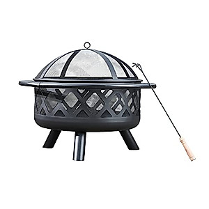 Teamson Home Steel Wood Burning Fire Pit with Spark Screen and Fireplace Poker for Outdoor Patio Garden Backyard Decking, 30 Inch Length, Black