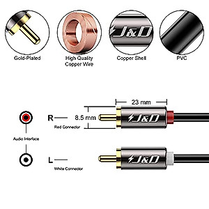 J&D 2 RCA M/M Stereo Audio Cable, Gold-Plated 2RCA Male to 2RCA Male Copper Shell Auxiliary Audio Cord for Home Theater HDTV Amplifiers Hi-Fi Systems Speakers, RCA Audio Cables, 3 Feet