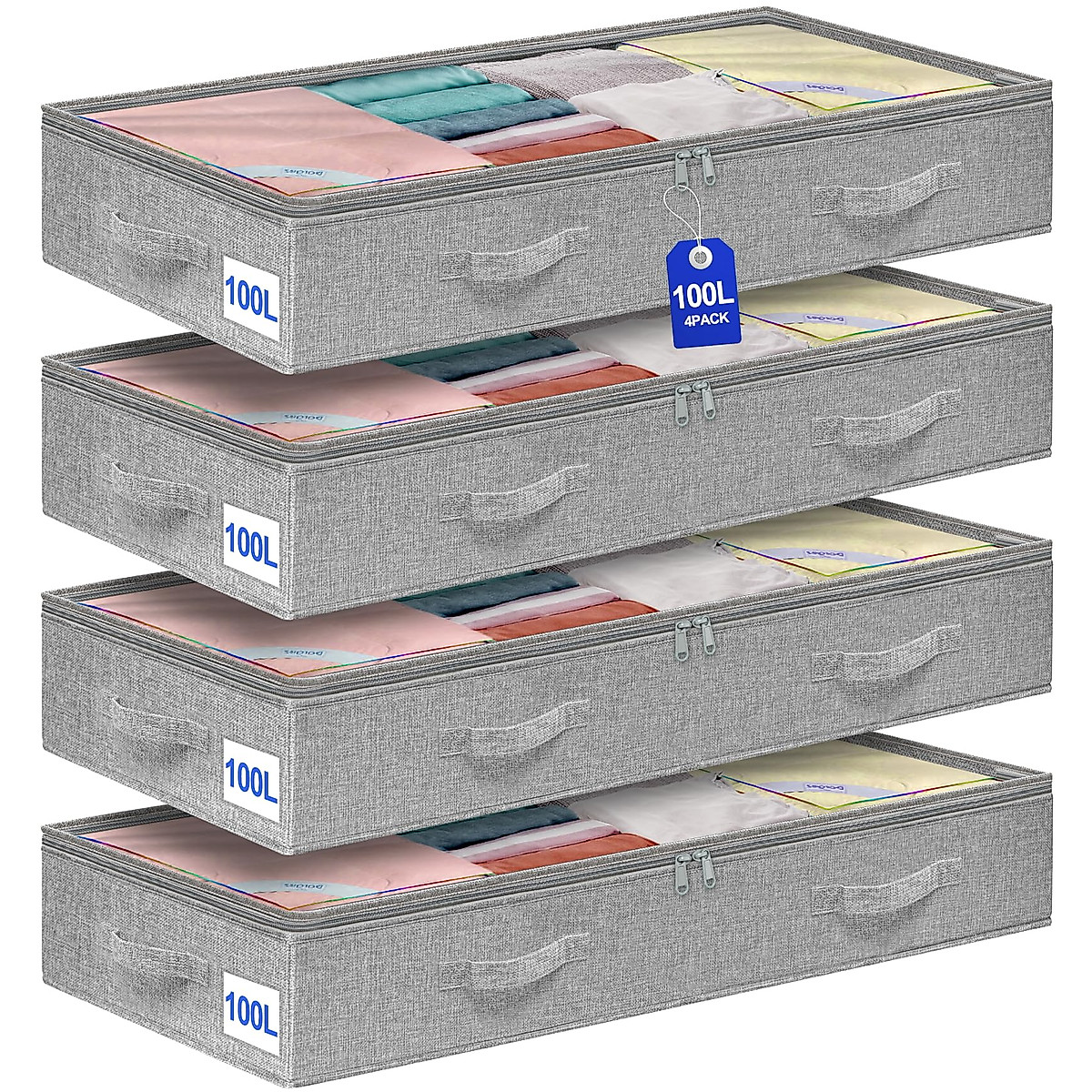 punemi 100L Under Bed Storage Containers, Extra Large Foldable Underbed Zipper Storage Bag For Blankets Clothes Comforters Organizer, Fabric Long Flat Storage Bins With Lids For College Dorm, 4 Pack