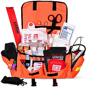 Ever Ready First Aid Fully Stocked EMT Trauma Bag Feat. Tourniquet, Chest Seals, Bleeding Control, Bandages, Shears, Gauze Pads and Rolls (Orange)