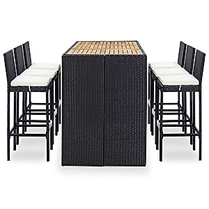 vidaXL 7-Piece Outdoor Rattan Wicker Bar Dining Patio Furniture Set with Acacia Wood Table Top, Bar Stool and Removable Cushion, Conversation Set for Patios, Backyards, Porches, Gardens and Poolside