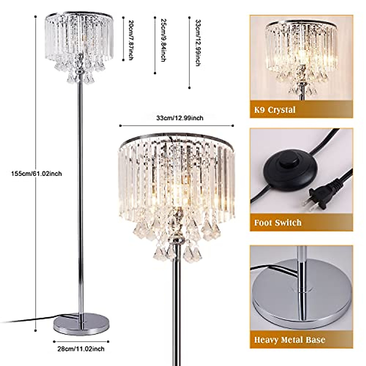 beaysyty Modern Elegance Crystal Floor Lamp, On/Off Foot Switch, Crystal & Glass 3-Lights Standing Light, Reading Corner Lamp for Office Cafe , Den, Living Room Bedroom Chrome Finish